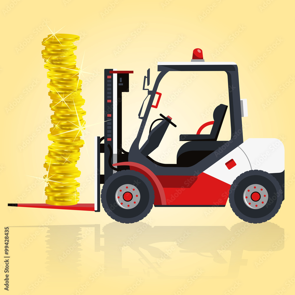 Red fork lift loader. Loading of golden coins. Professional ...