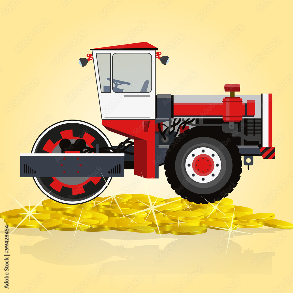 Red big roller builds roads. Rolling of golden coins. Big golden ...