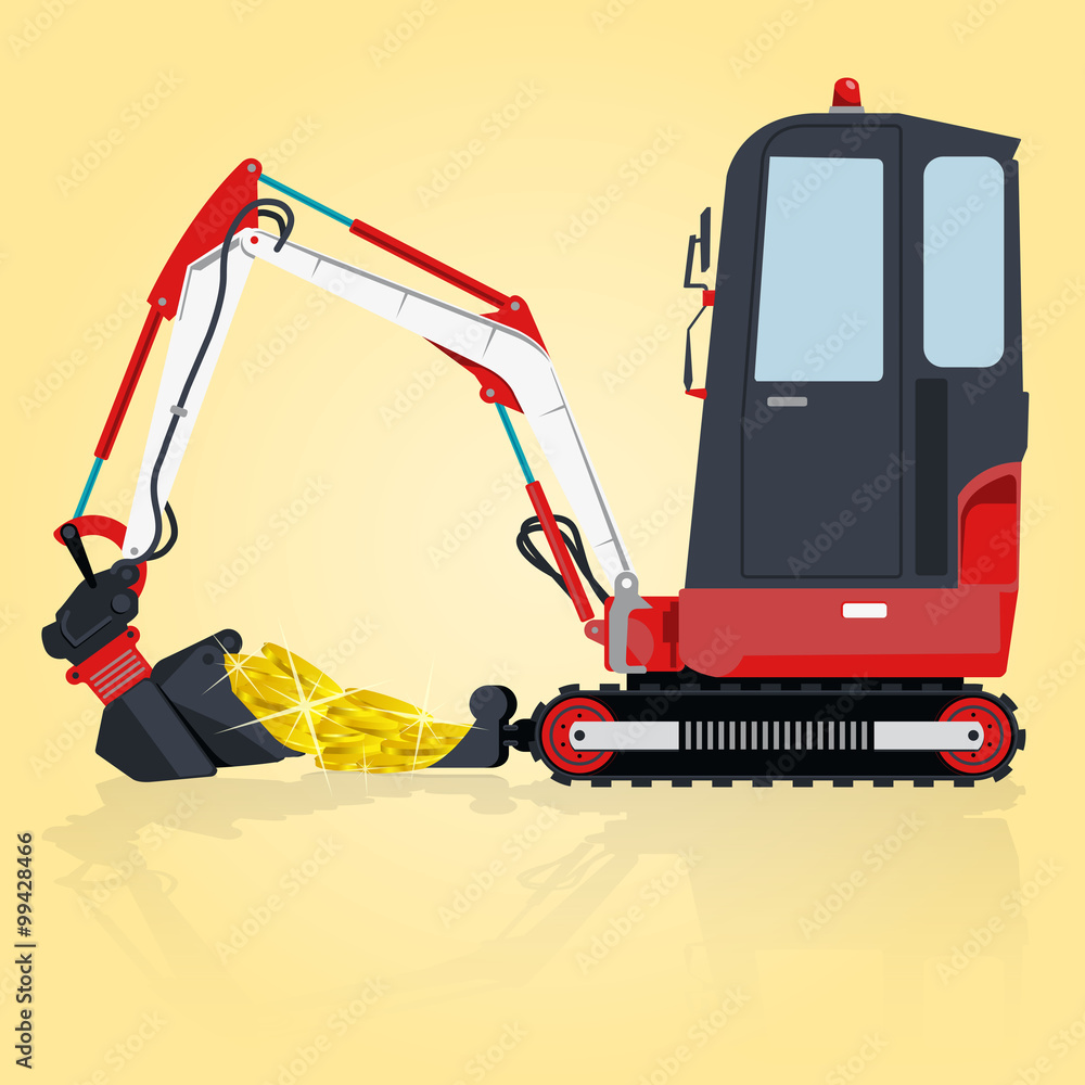 Red small digger builds roads, loads golden coins. Bagger digging of ...