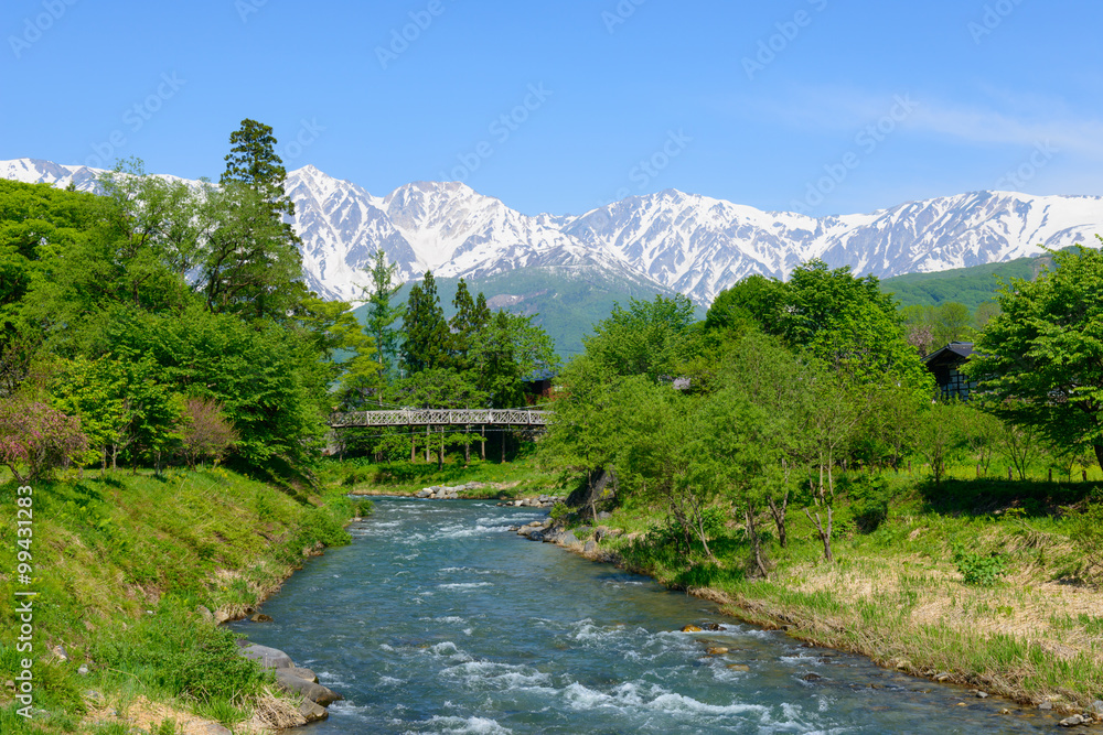 Shirouma mountains and Himekawa river at Ooide park in Hakuba, Nagano ...