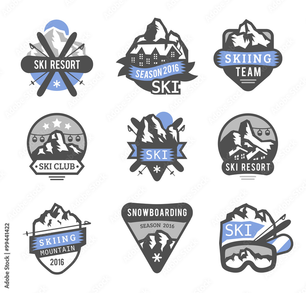 Vetor de Ski resort logo emblems, labels badges vector elements do ...