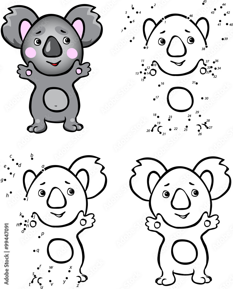 Cartoon koala. Vector illustration. Coloring and dot to dot game Stock ...