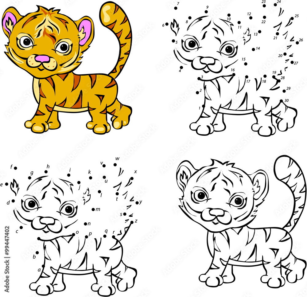 Cartoon tiger. Vector illustration. Coloring and dot to dot game Stock ...