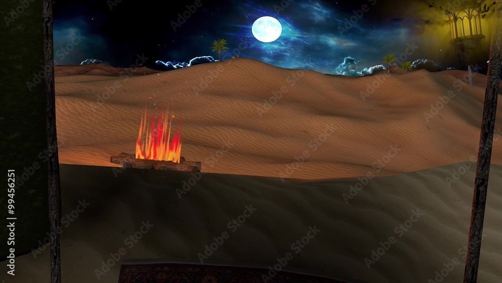 Arabian Desert animation background loop with fire and moon for Ramadan ...