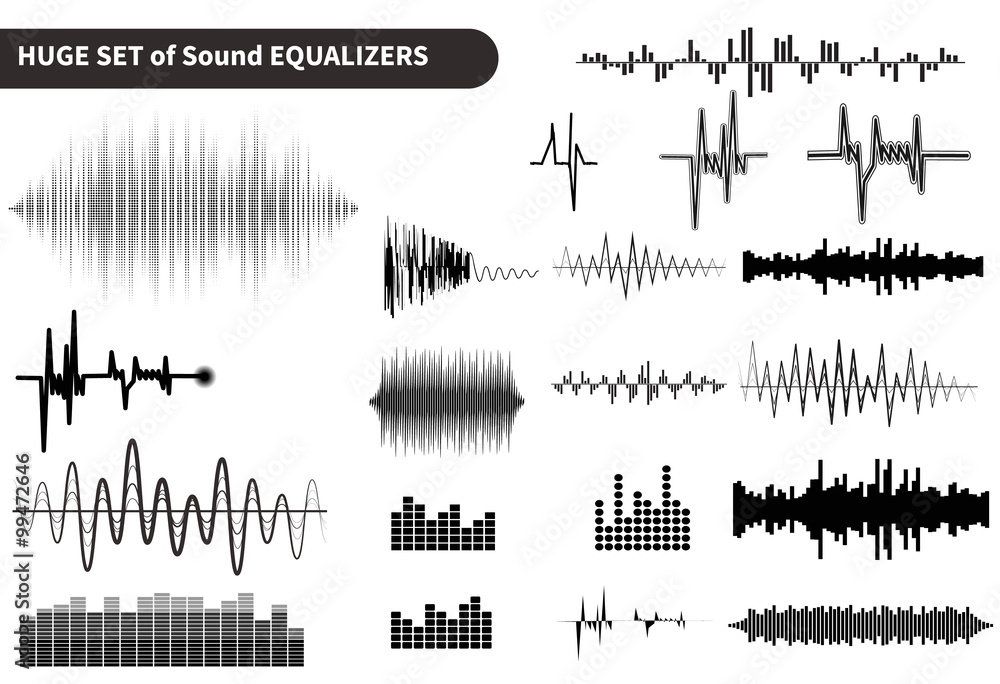 Vector sound waves set. Audio equalizer technology, pulse musical ...