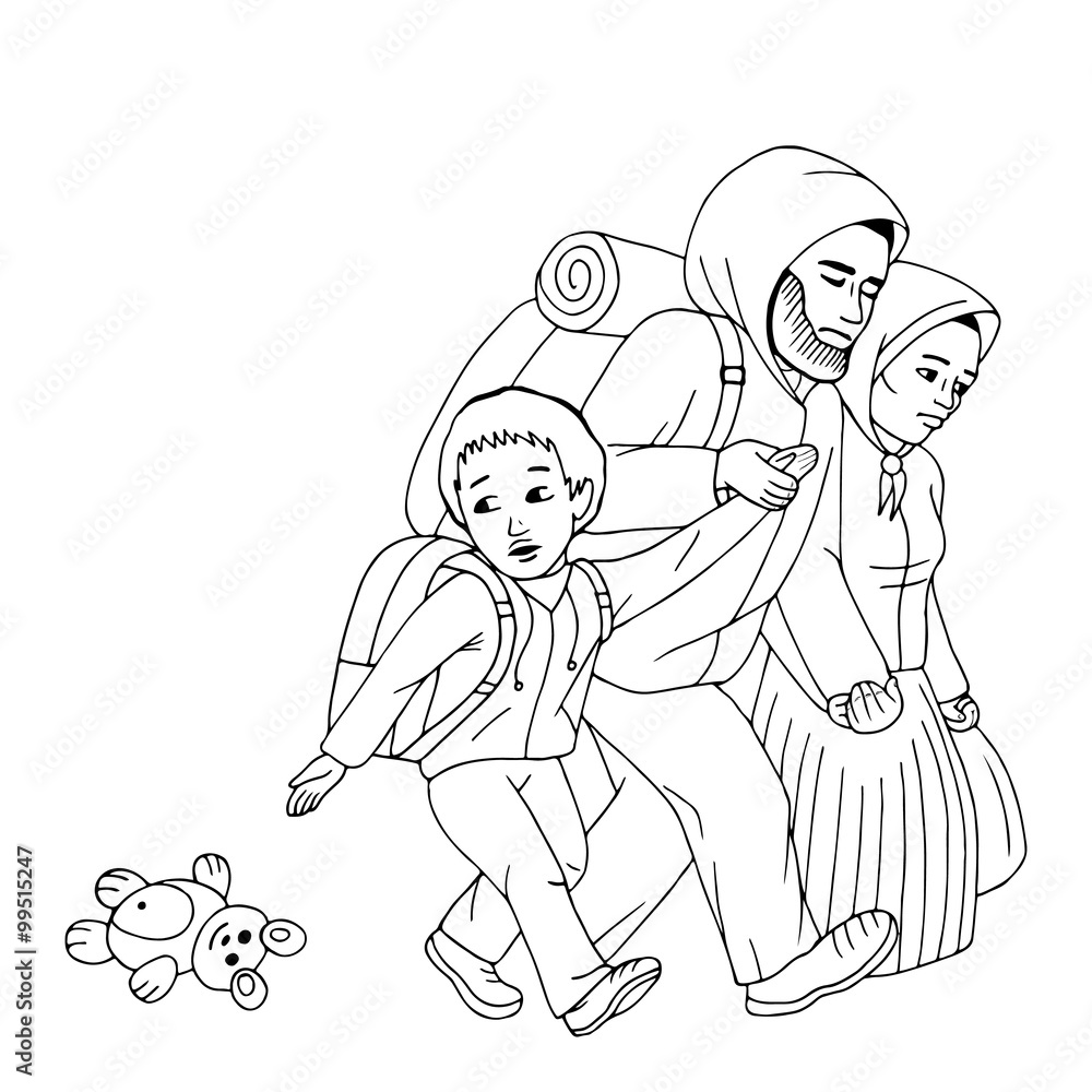 Graphic sketch of immigrant family: mother, father and little boy ...