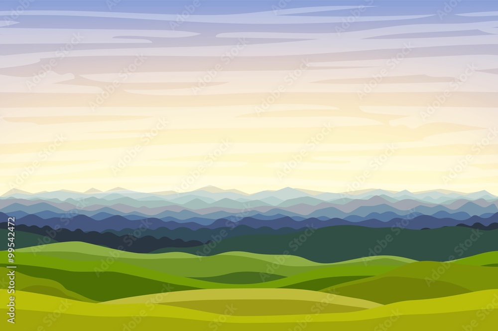 Cartoon vector horizontal landscape background with green hills Stock ...