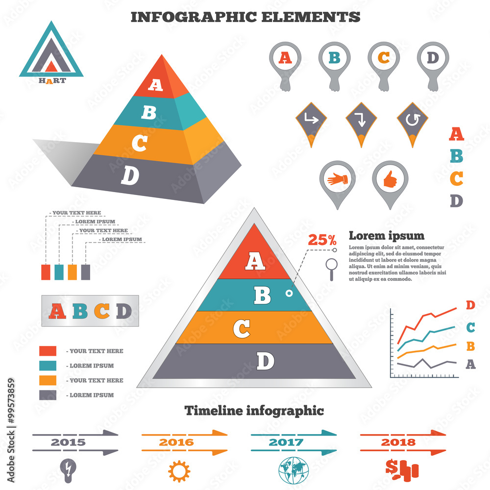 Infographics elements set. Pyramid chart, graphics tags and marks ...