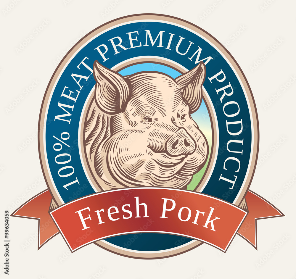 Pig in graphical style of engraving, is depicted in label design. Stock ...