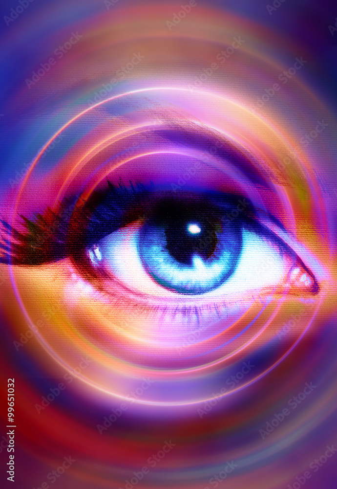 Woman Eye and light circle, abstract color background, eye contact ...