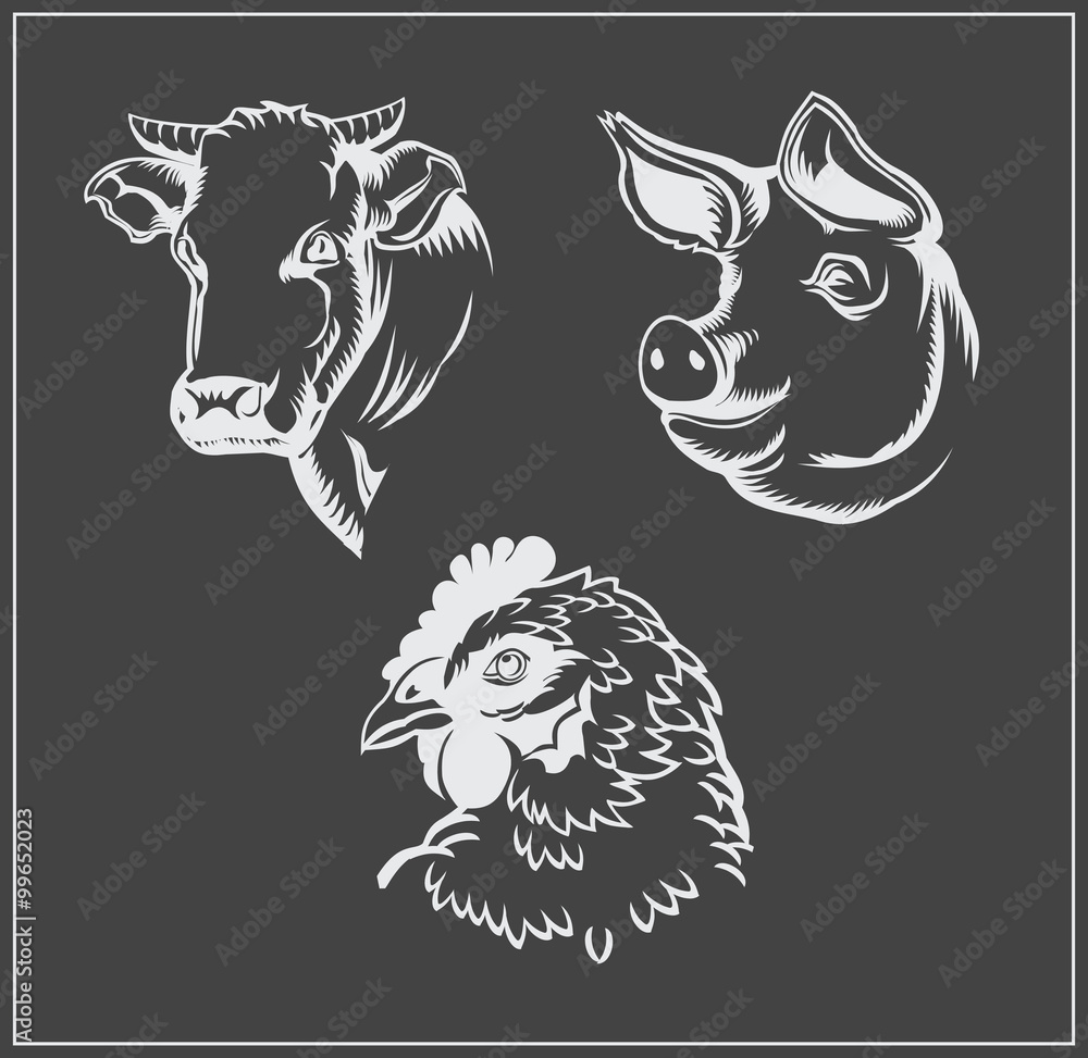 Heads of farm animals. Cow, pig and chicken. Vector monochrome design ...