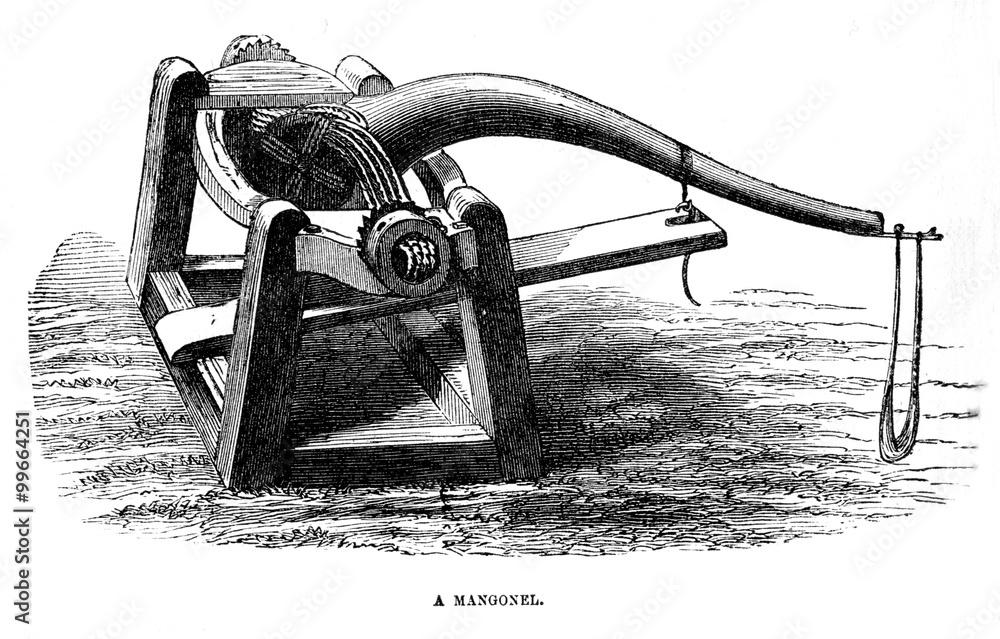 Vintage Woodcut Artwork Mangonel, a type of trebuchet or siege engine ...