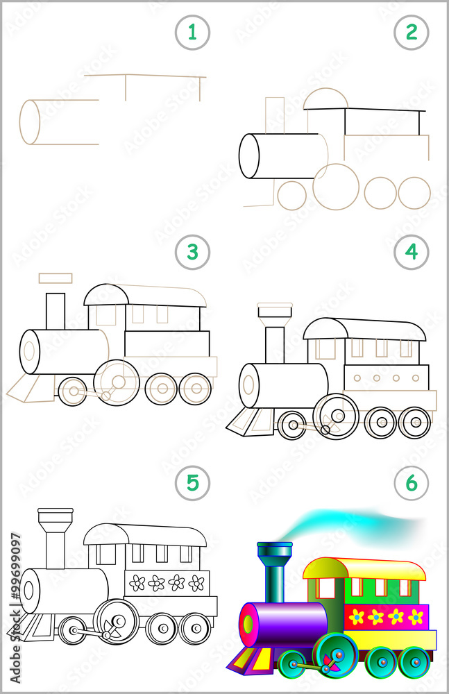 Page shows how to learn step by step to draw a steam locomotive ...