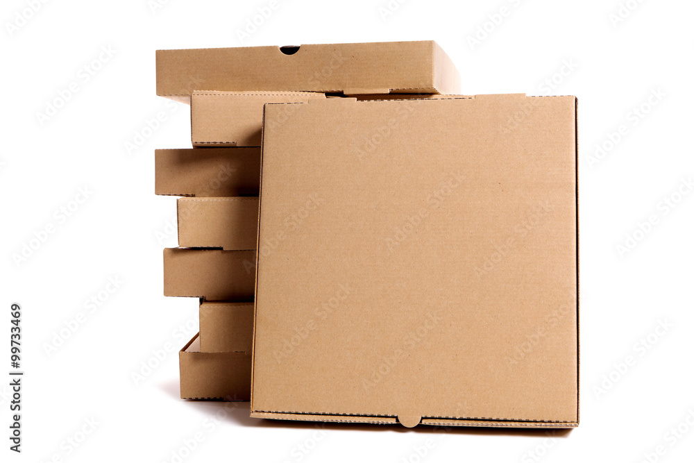 Stack of brown pizza boxes with display box isolated on white ...
