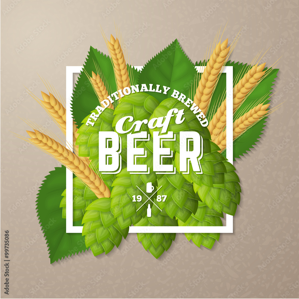 Vector craft beer logo on hops background. Retro poster with barley ...