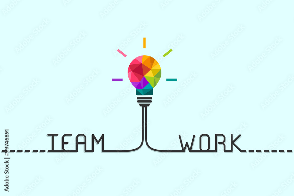 Teamwork concept. Colorful polygonal lightbulb as idea, creativity and ...