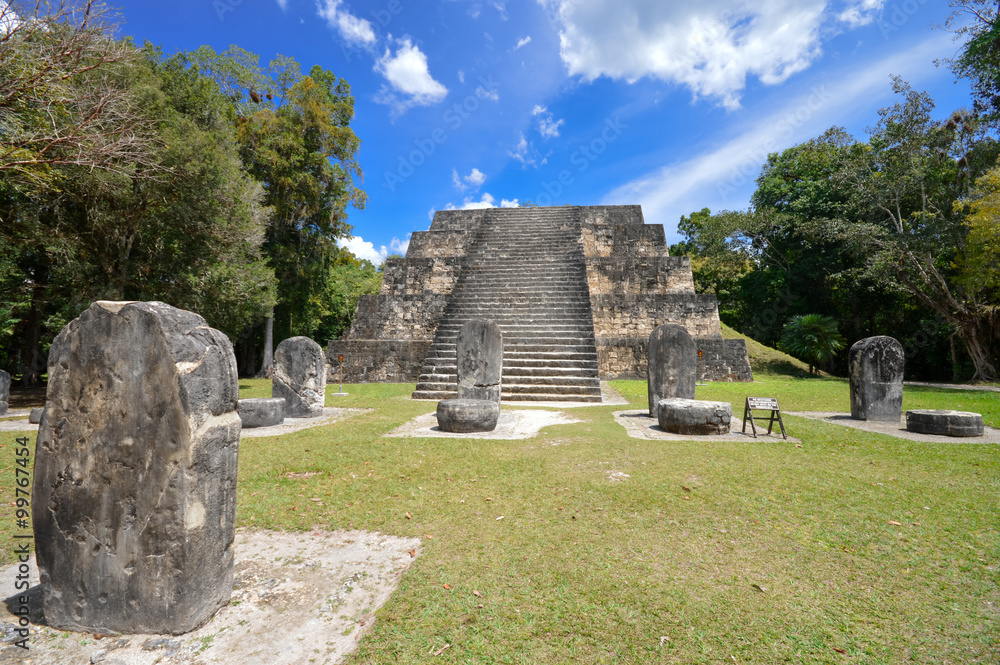 Photo One of the twin pyramids of the Complex Q and numerous stelae in ...