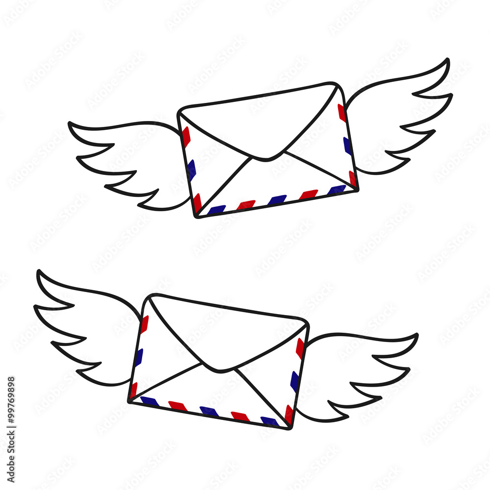 Flying envelope with wings hand drawn. Flying mail doodle sketch vector ...