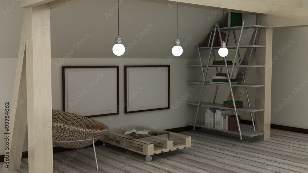 Empty picture frame in chest on the loft with wooden wall and wooden ...