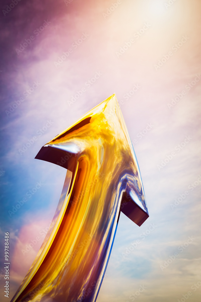 Golden arrow pointing, growing to the sky. Conceptual growth, bright ...
