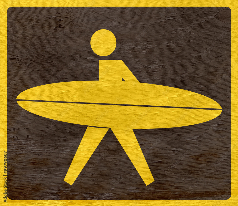 surfer icon symbol with person carrying surfboard on wood grain texture ...