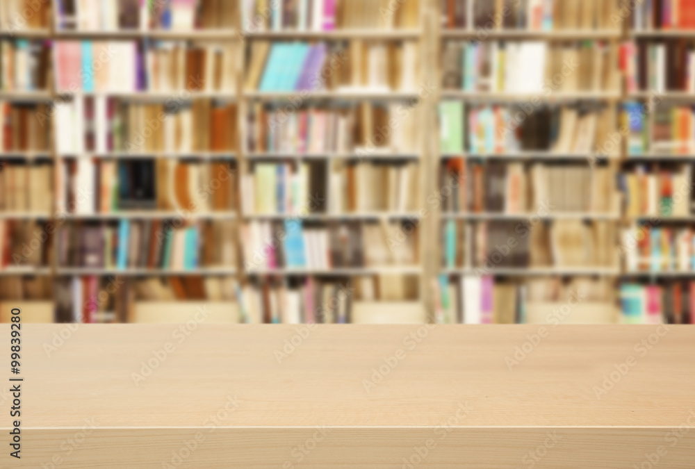 Empty wooden table and modern library background, product montage ...