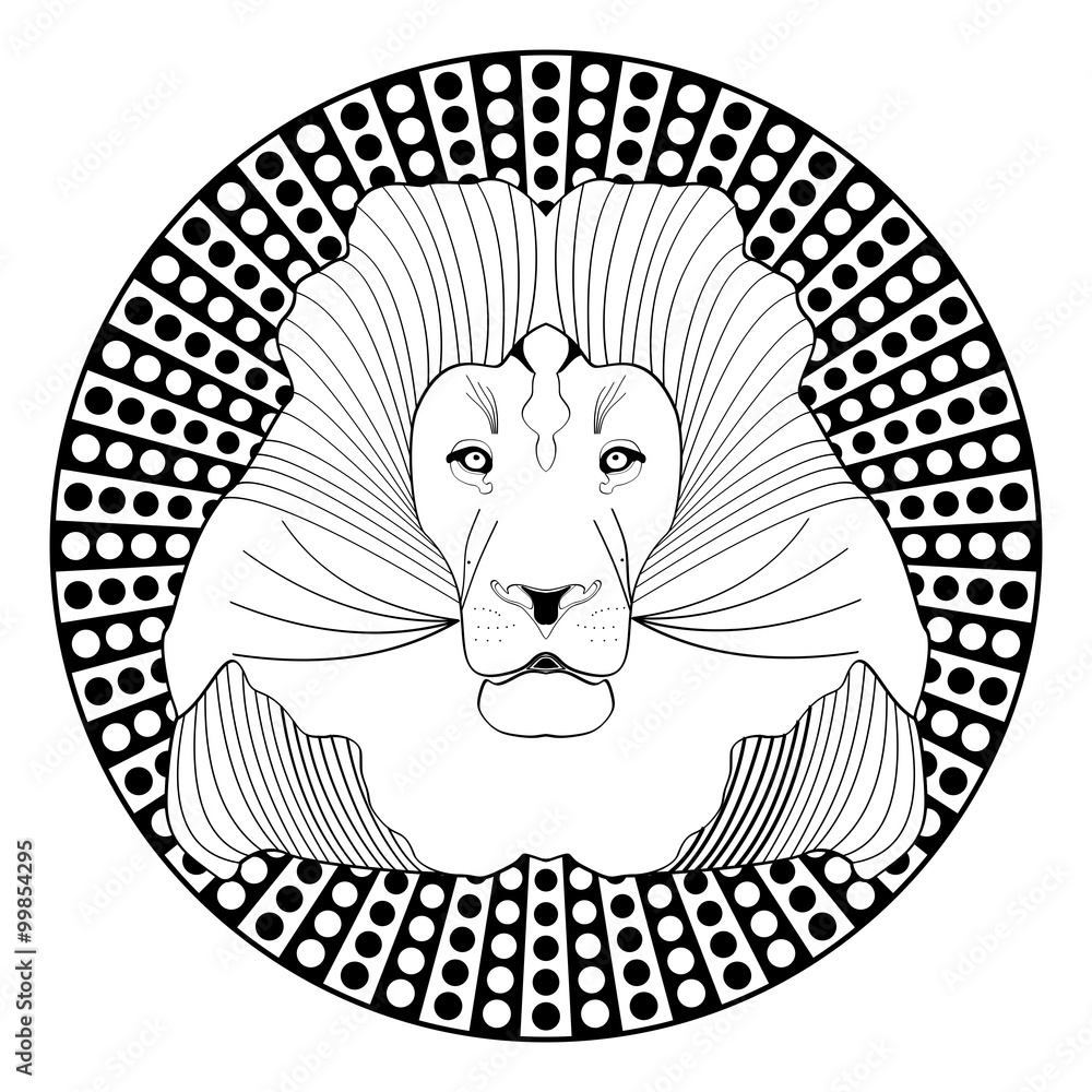 Lion head, patterned symmetric animal drawing on circle dotted ...