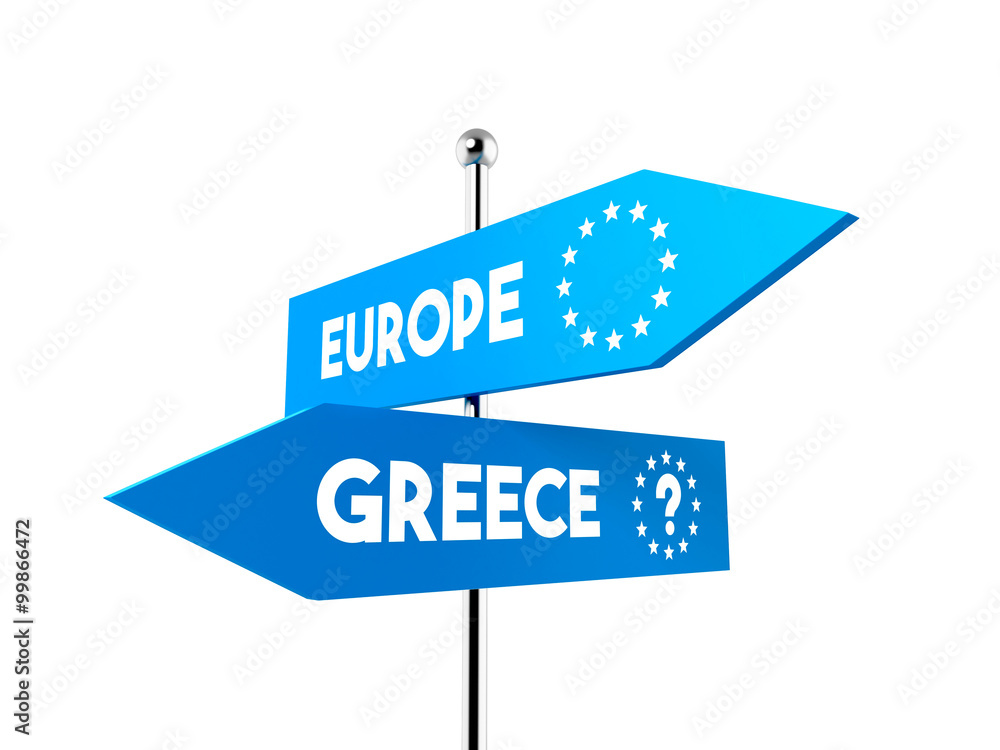 two road signs. Greece and European Union pointing in different ...