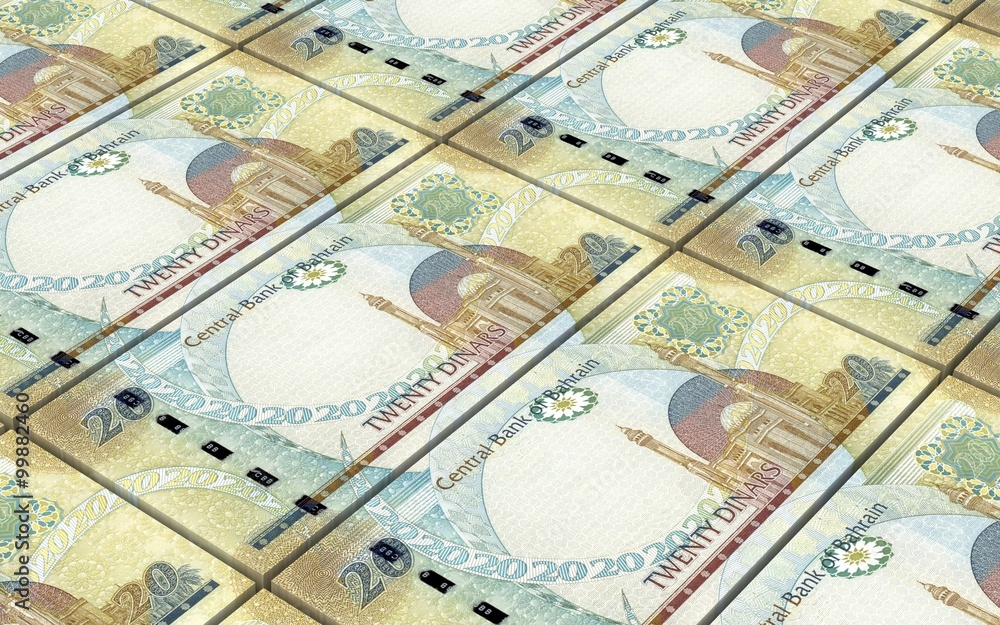 Bahraini dinar bills stacks background. Computer generated 3D photo ...