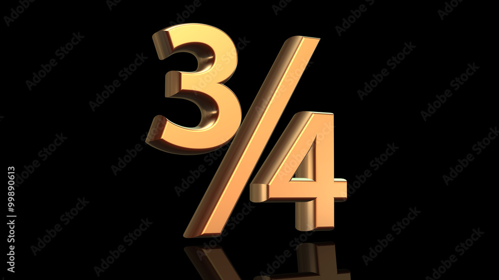 Three quarter fraction, 3/4 in gold isolated on black background Stock ...