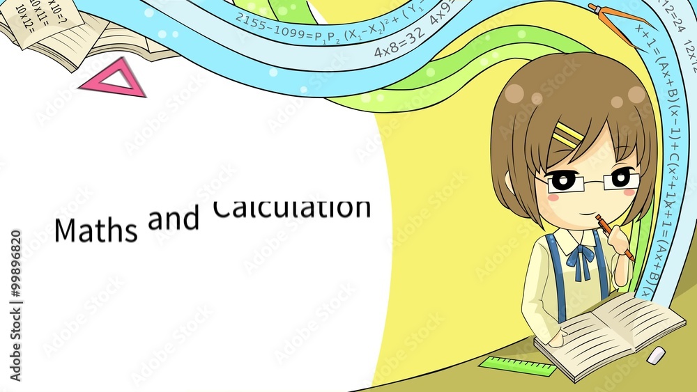 Cartoon background schoolgirl student doing math calculation with ...