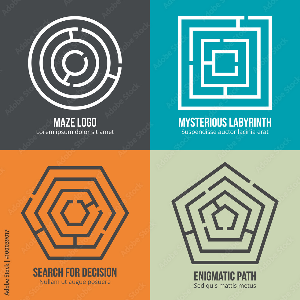 Labyrinth, maze shape logo design set. Rebus logic, game search mystery ...