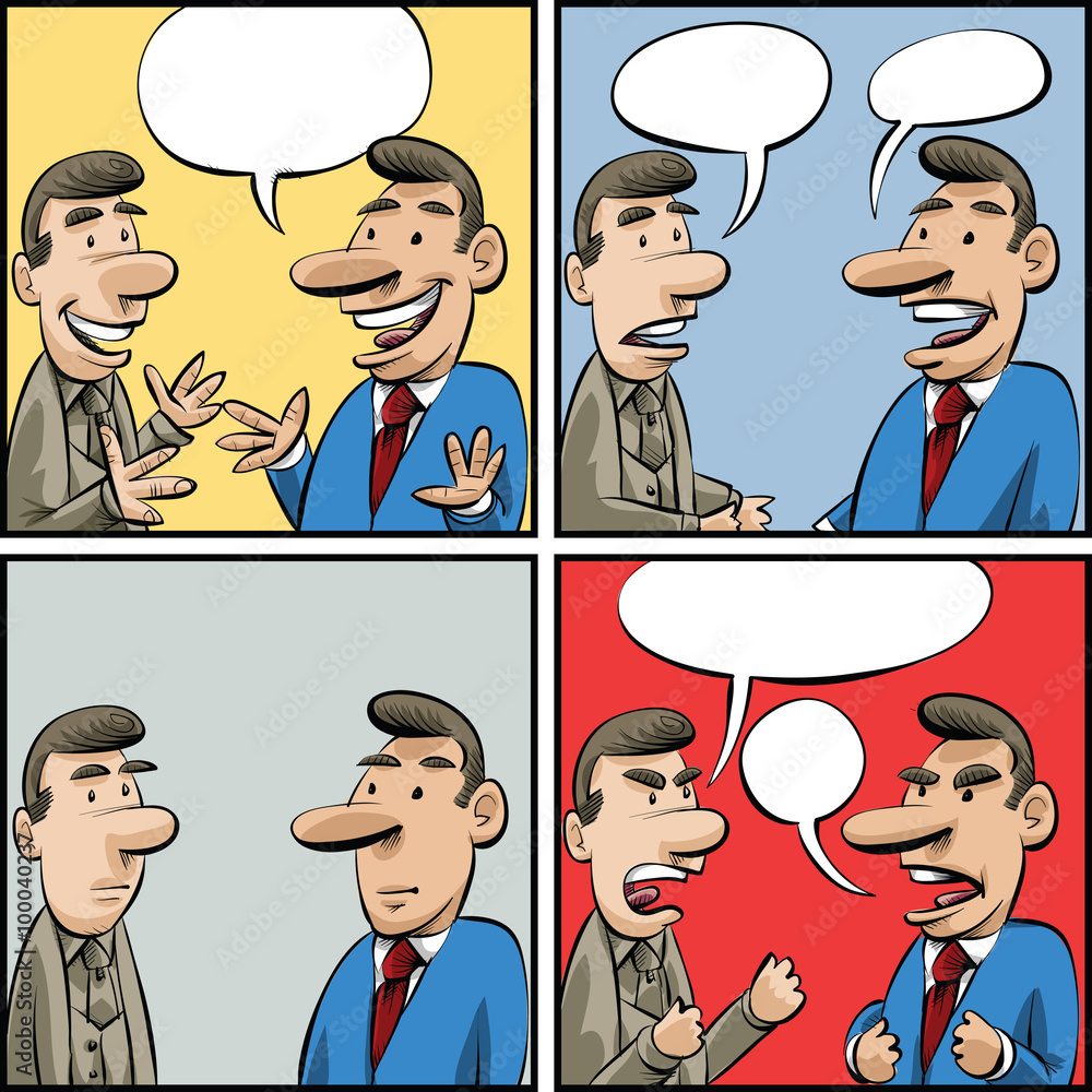 Four, square cartoon panels featuring to cartoon businessmen showing ...