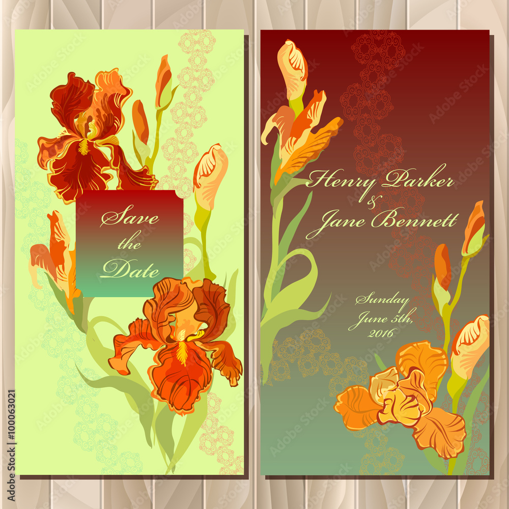 Wedding invitation card with red iris flower background. Vector ...