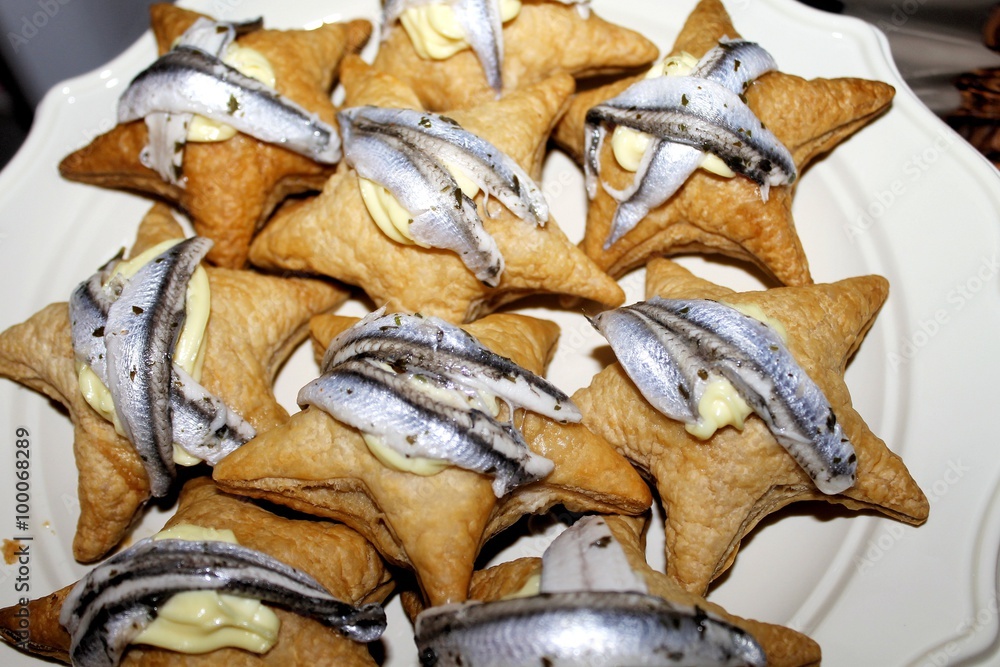 canape of puff pastry with anchovy fillet and mayonnaise Stock Photo ...