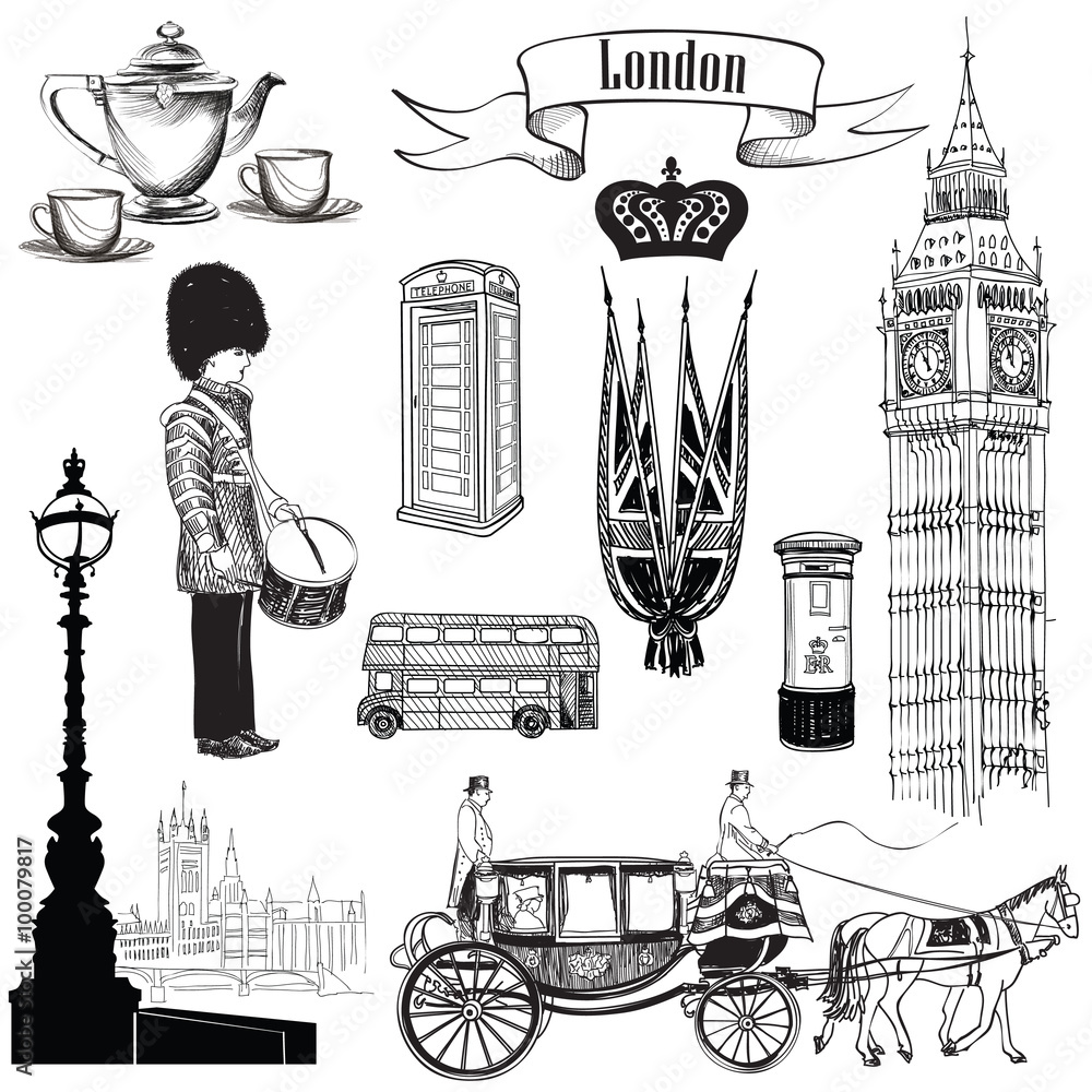 Travel London landmarks.English icon set. London symbols, England, UK ...