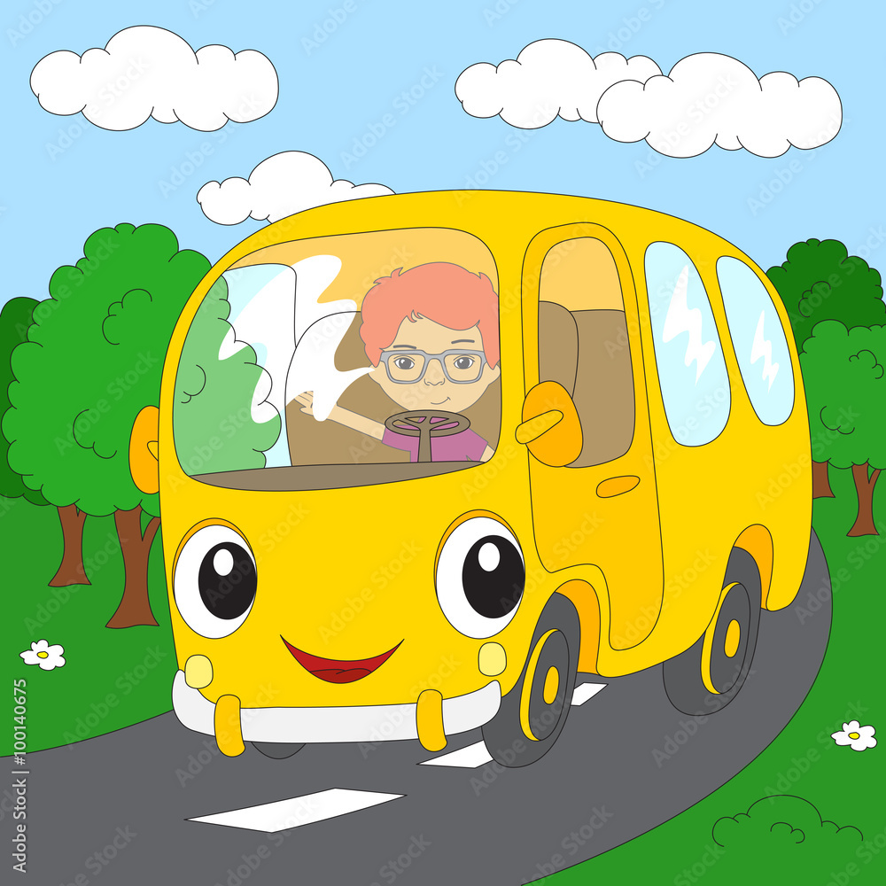 Cartoon yellow bus in the forest road. Coloring book for kids Stock ...