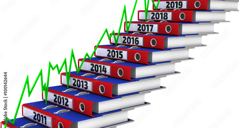 Office folders stacked in the form of steps, marked the years 2011-2019 ...