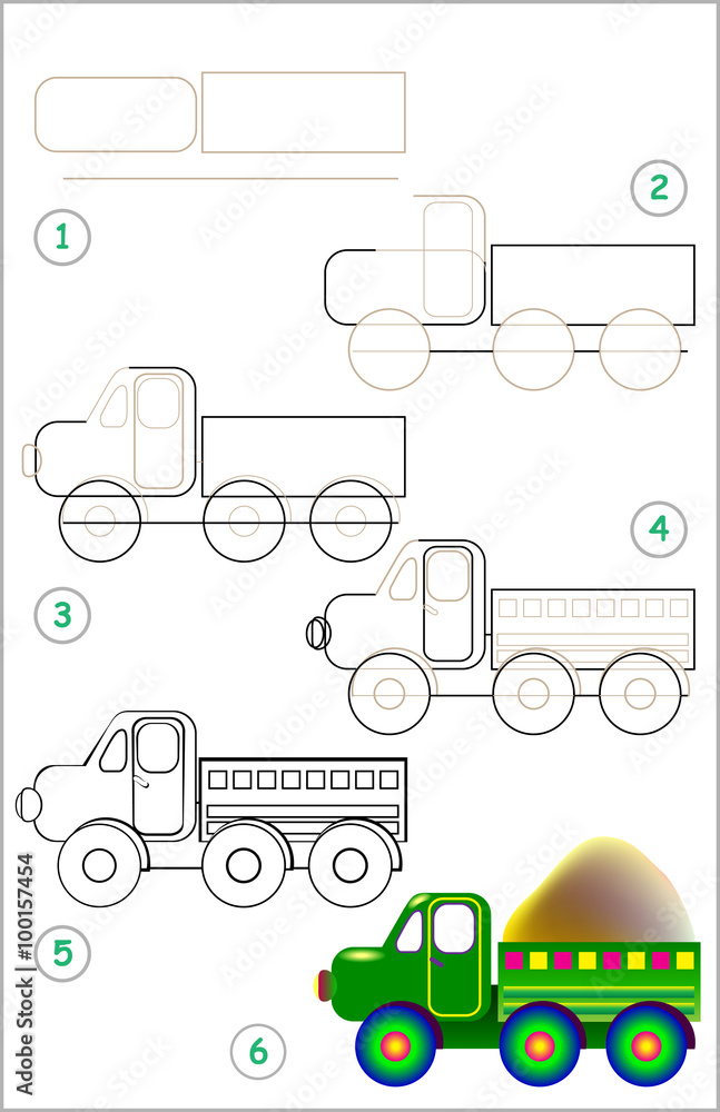 Page shows how to learn step by step to draw lorry. Developing children ...