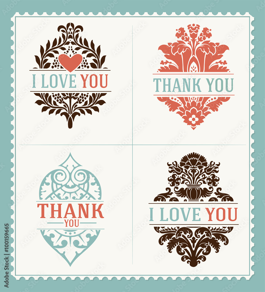 Thank You and I Love You messages Greeting Cards template. Retro Stock ...