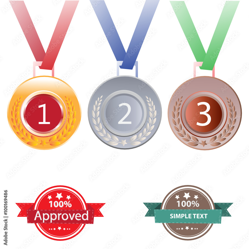 Gold silver and bronze medals for 1st , 2nd and 3rd places with red ...