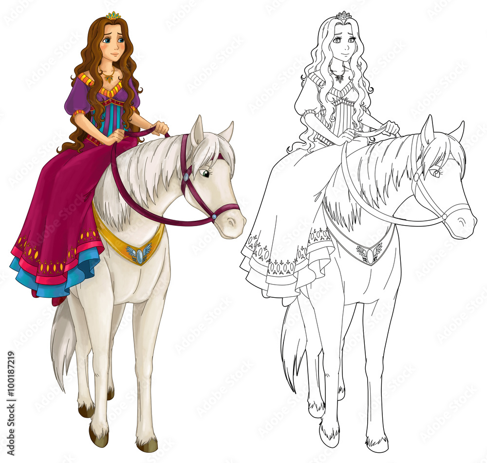 Cartoon medieval woman on a horse - illustration for the children Stock ...