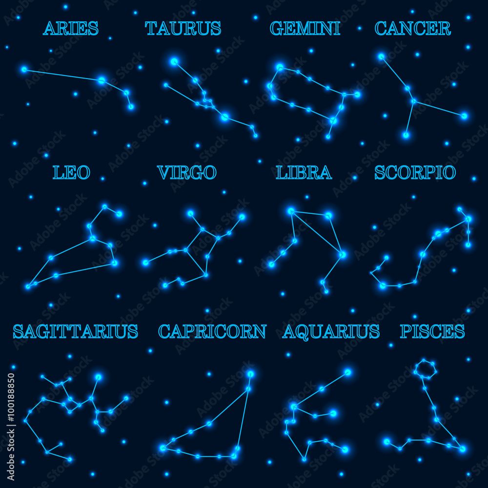 Collection of 12 zodiac constellations on space and stars background ...