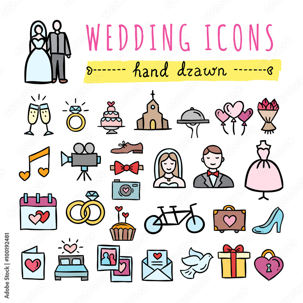 Hand drawn wedding icons: marriage, bride and groom, wedding couple ...
