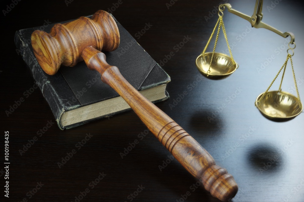 Judges Gavel, Old Book, Scale Of Justice On Black Table Stock Photo ...