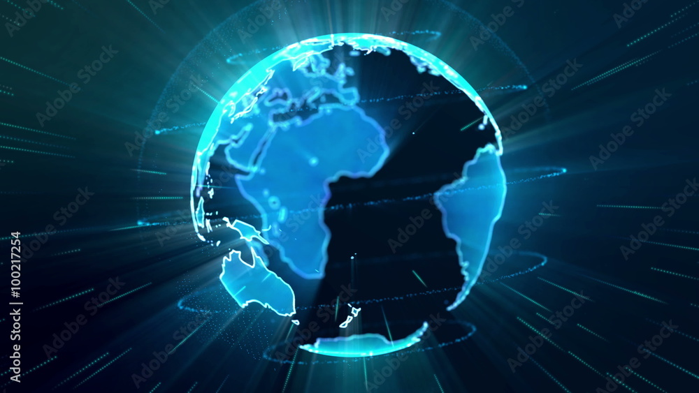 3D animation of spinning Earth made of glowing blue particles. 4k ...