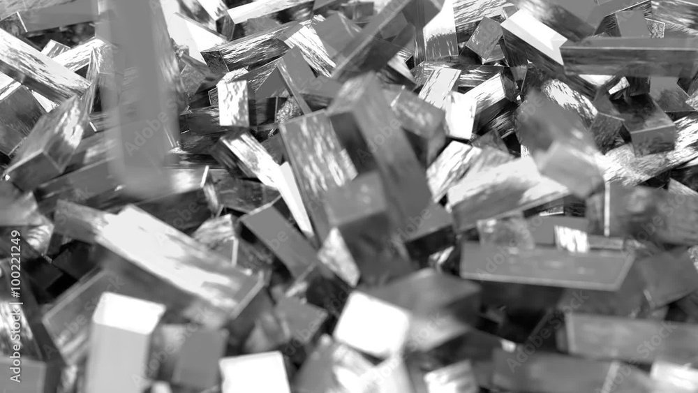 This is animation of realistic bars of silver falling and bouncing ...