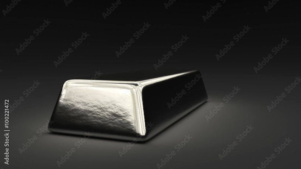 Animated falling and bouncing realistic bar of silver in dark space ...