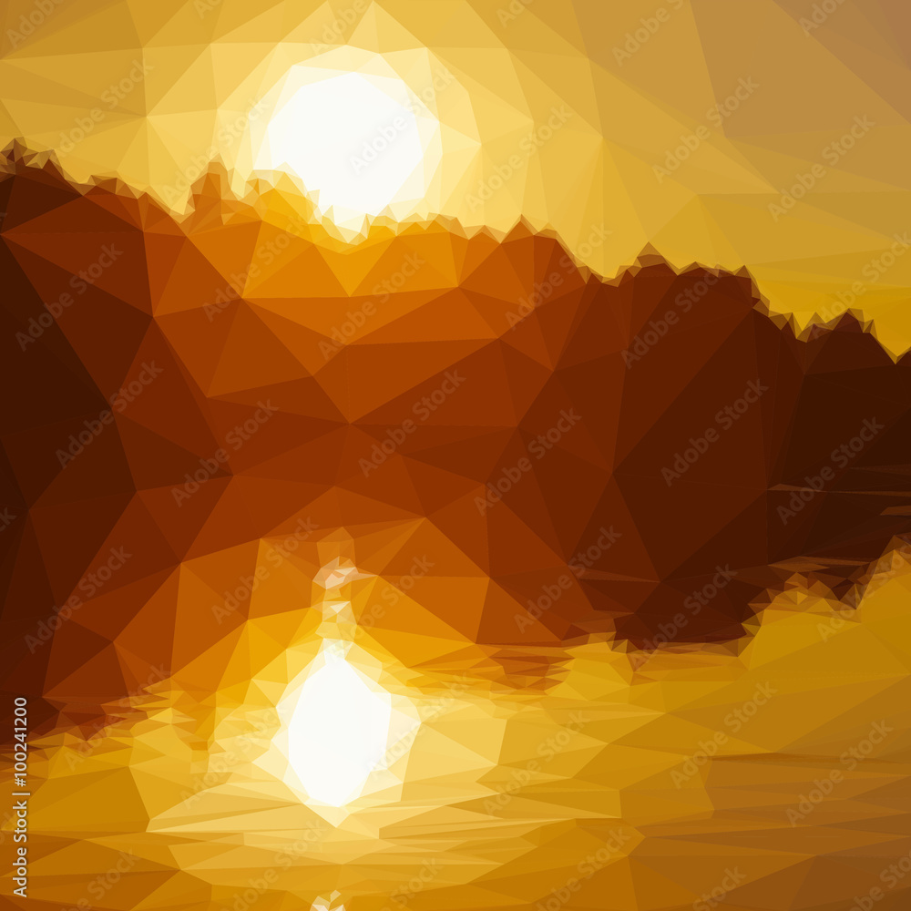 Low poly design triangular sunset river sun water yellow polygon Stock ...