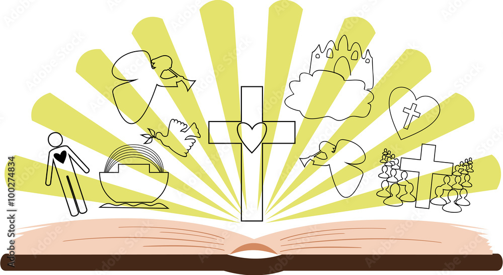 open Bible with different pictures and rays Stock Vector | Adobe Stock